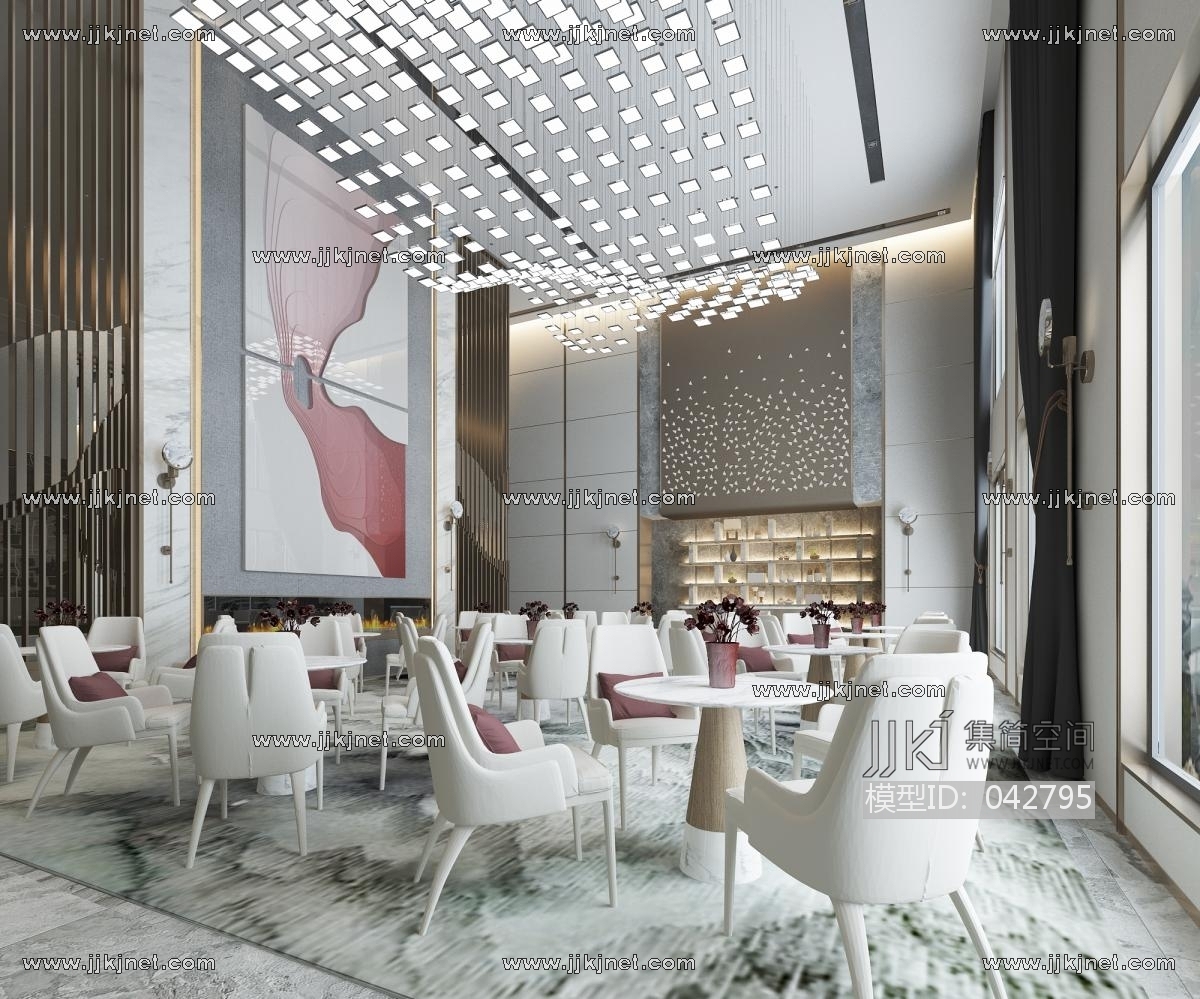 H05 0611现代新中式酒店售楼处大堂吧休闲洽谈区椅子桌椅吊灯3d模型下载 【集简空间】「每日更新」