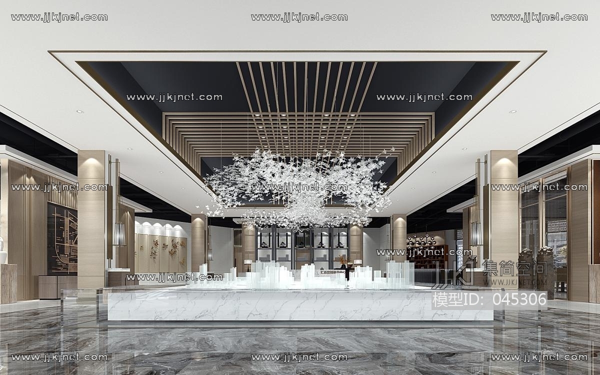 H03 0621现代新中式售楼处大堂沙盘水晶吊灯接待台3d模型下载 【集简空间】「每日更新」