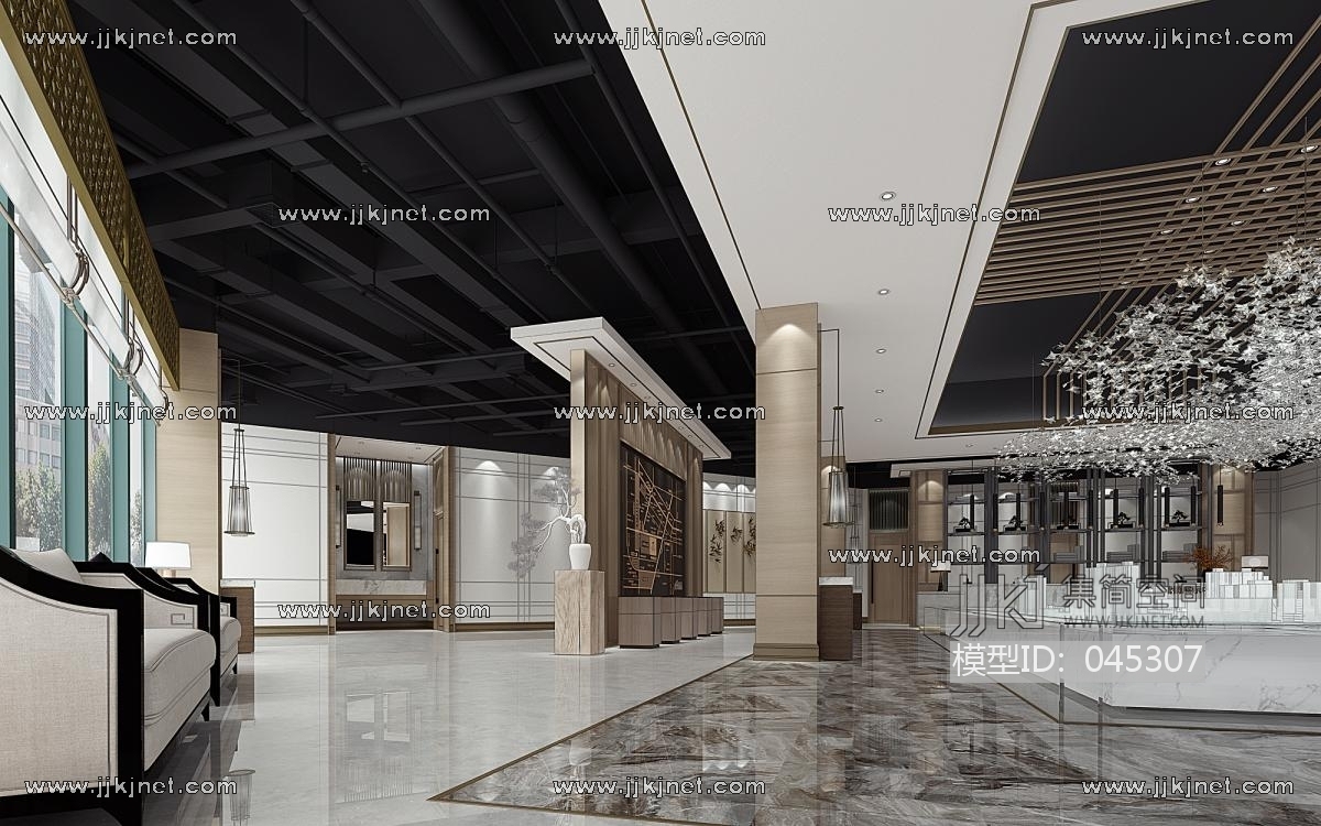 H04 0621现代新中式售楼处大堂沙盘水晶吊灯接待台3d模型下载 【集简空间】「每日更新」
