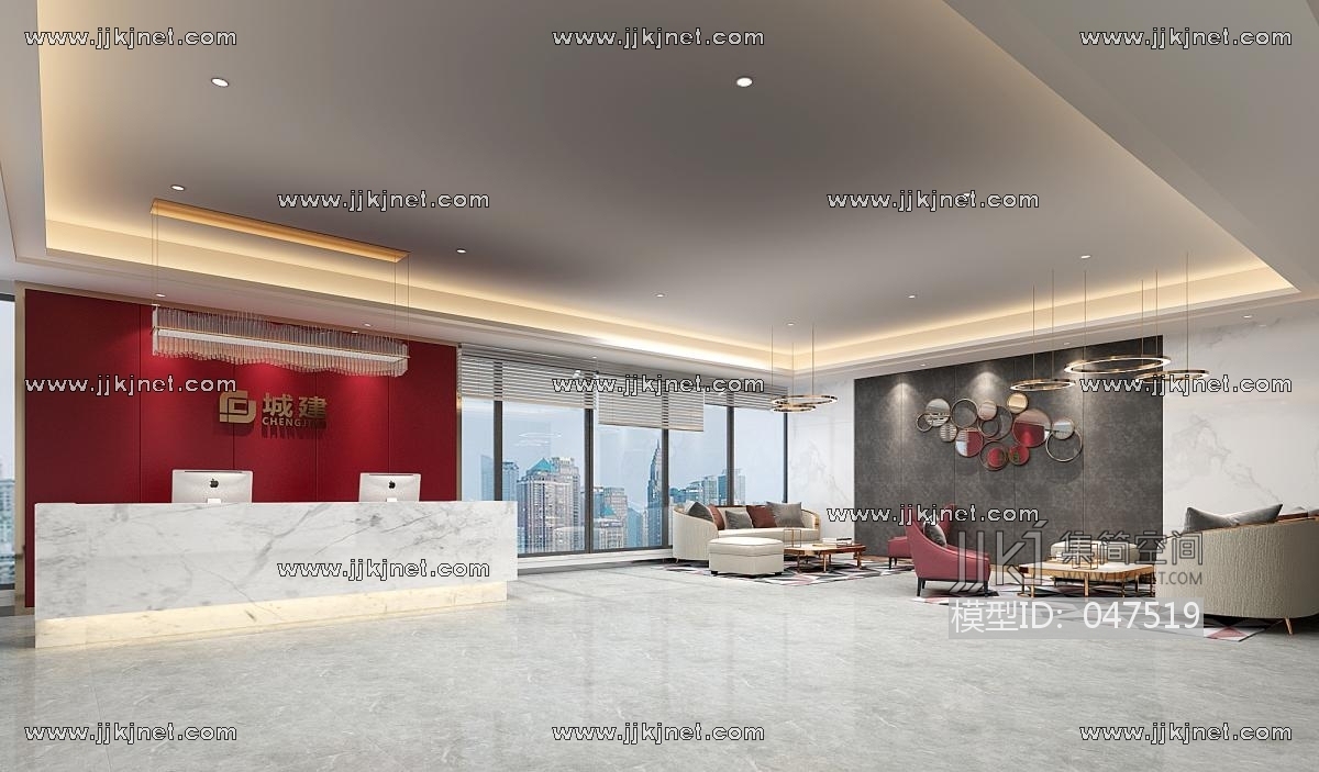 Z01 0619现代接待大厅前厅接待台沙发吊灯3d模型下载 【集简空间】「每日更新」