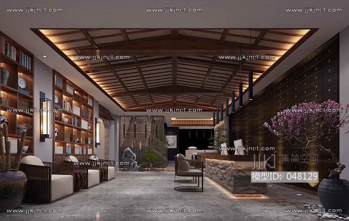 Z13 0617中式会所酒店接待大厅前厅前台接待门厅服务台3d模型下载 【集简空间】「每日更新」