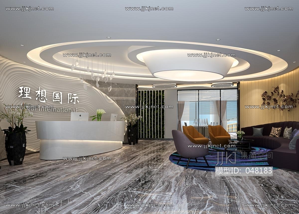 Z16 0620现代办公前台前厅接待台服务台弧形沙发波浪墙面3d模型下载 【集简空间】「每日更新」