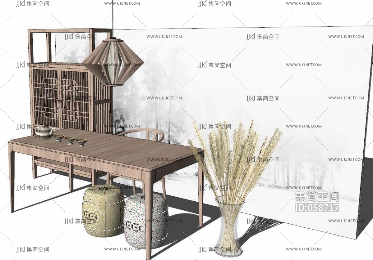 0107新中式日式泰式中式书房茶室su草图模型下载 【集简空间】「每日更新」