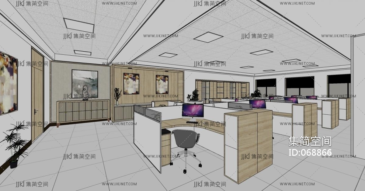 24现代敞开式开敞办公区 Su草图模型下载 【集简空间】「每日更新」