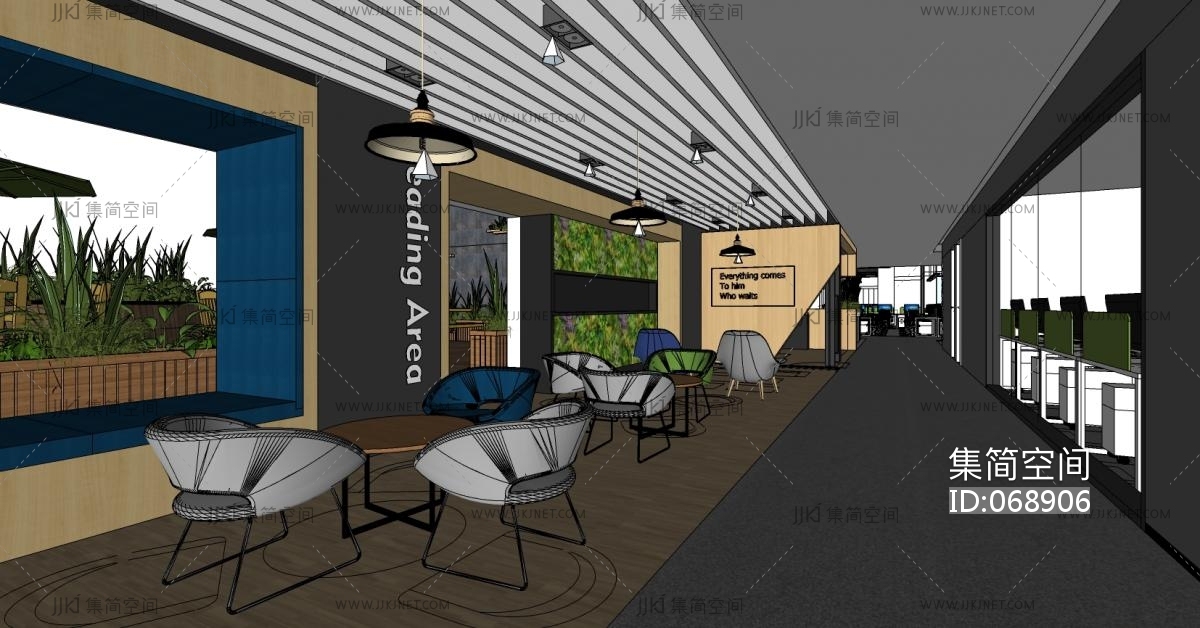 22现代办公室整体模型休闲区开敞开放办公室员工工位su草图模型下载 【集简空间】「每日更新」