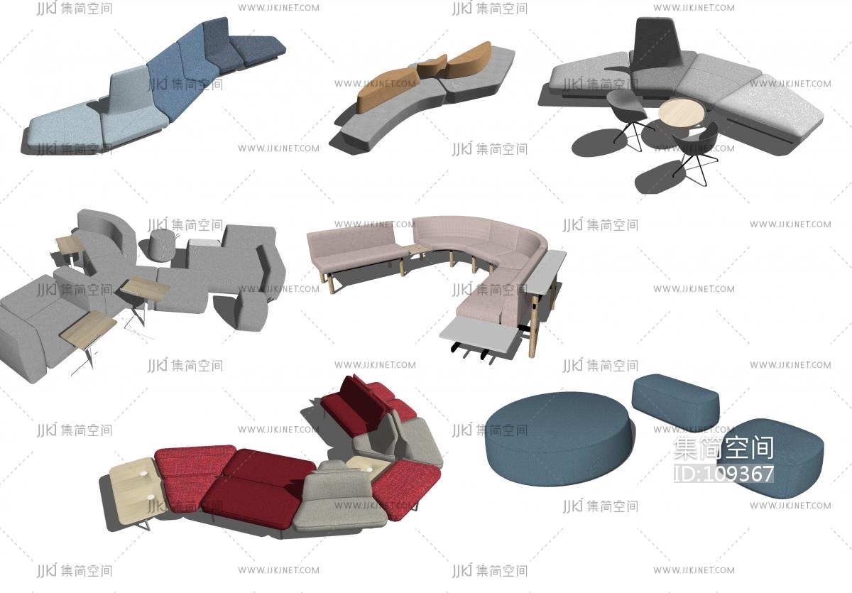 07现代布艺异形沙发公共座椅,卡座办公区沙发su草图模型下载 【集简空间】「每日更新」