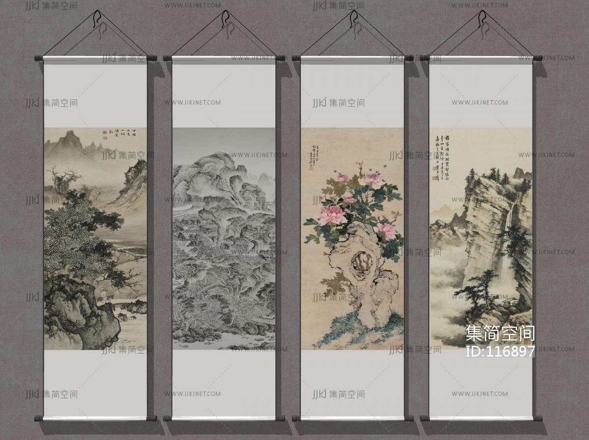 新中式卷轴画轴水墨装饰画挂画su草图模型下载 【集简空间】「每日更新」