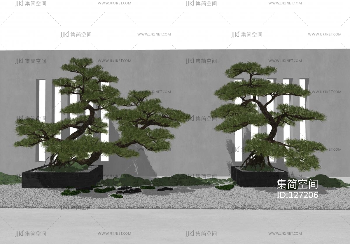 新中式迎客松，松树鹅卵石su草图模型下载 【集简空间】「每日更新」