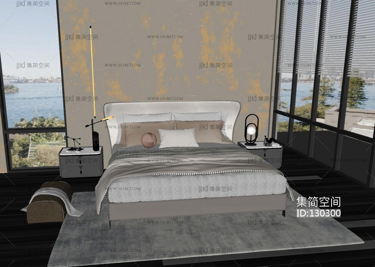 米洛提minotti 简欧式皮革双人床床头柜组合su模型su草图模型下载 【集简空间】「每日更新」