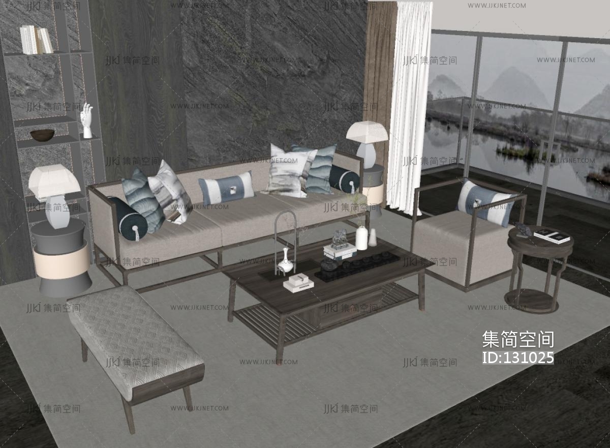 新中式沙发茶几组合台灯 1su草图模型下载 【集简空间】「每日更新」