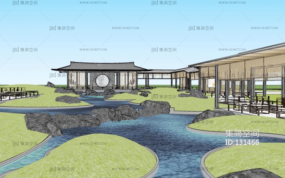 新中式住宅景观,小区水系景观su草图模型下载 【集简空间】「每日更新」