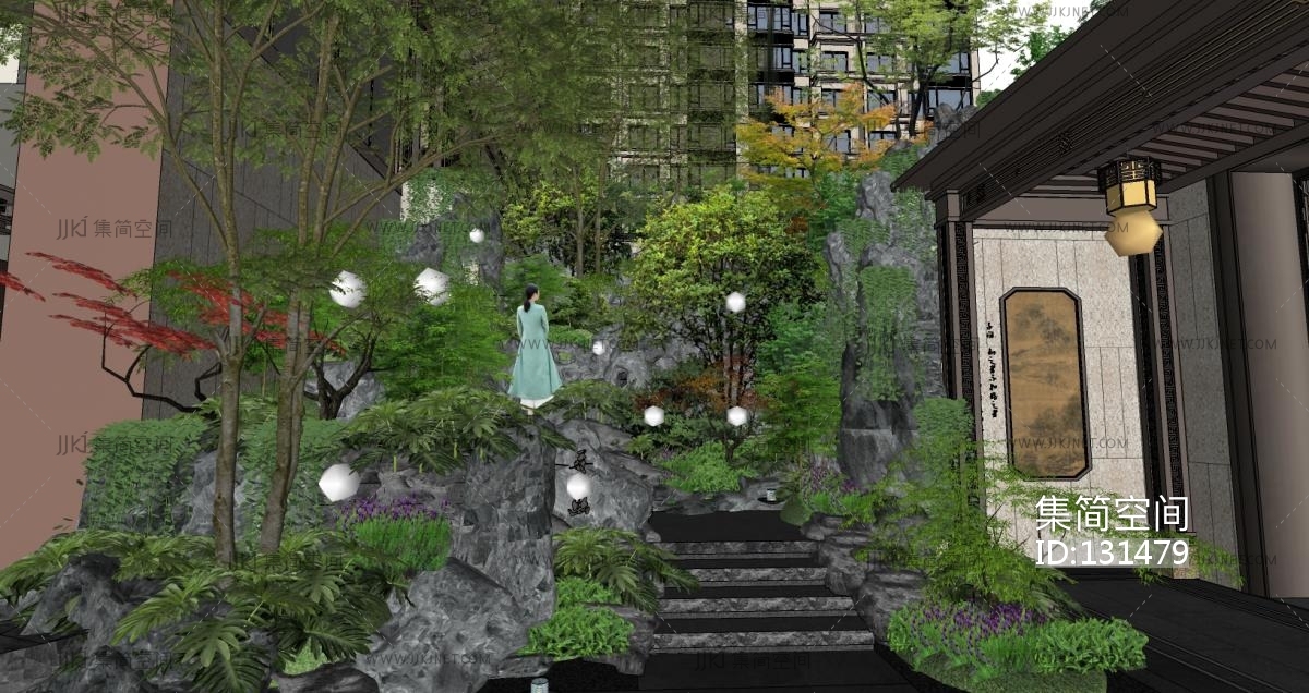 中式住宅景观,水系,凉亭庭院su草图模型下载 【集简空间】「每日更新」