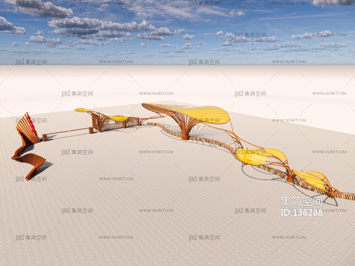 现代异形木饰面广场廊架su草图模型下载 【集简空间】「每日更新」