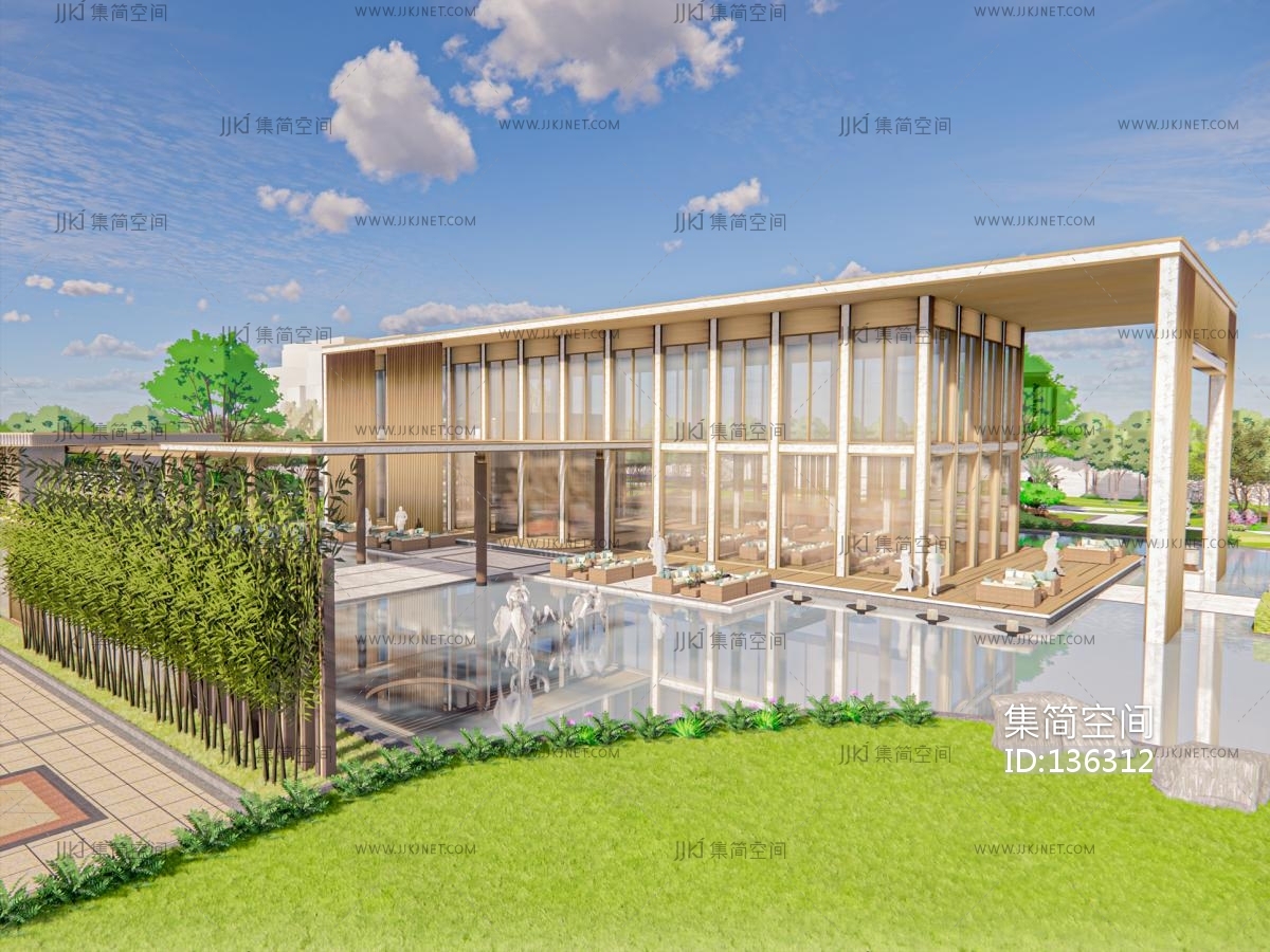 新中式售楼处示范区建筑模型su草图模型下载 【集简空间】「每日更新」