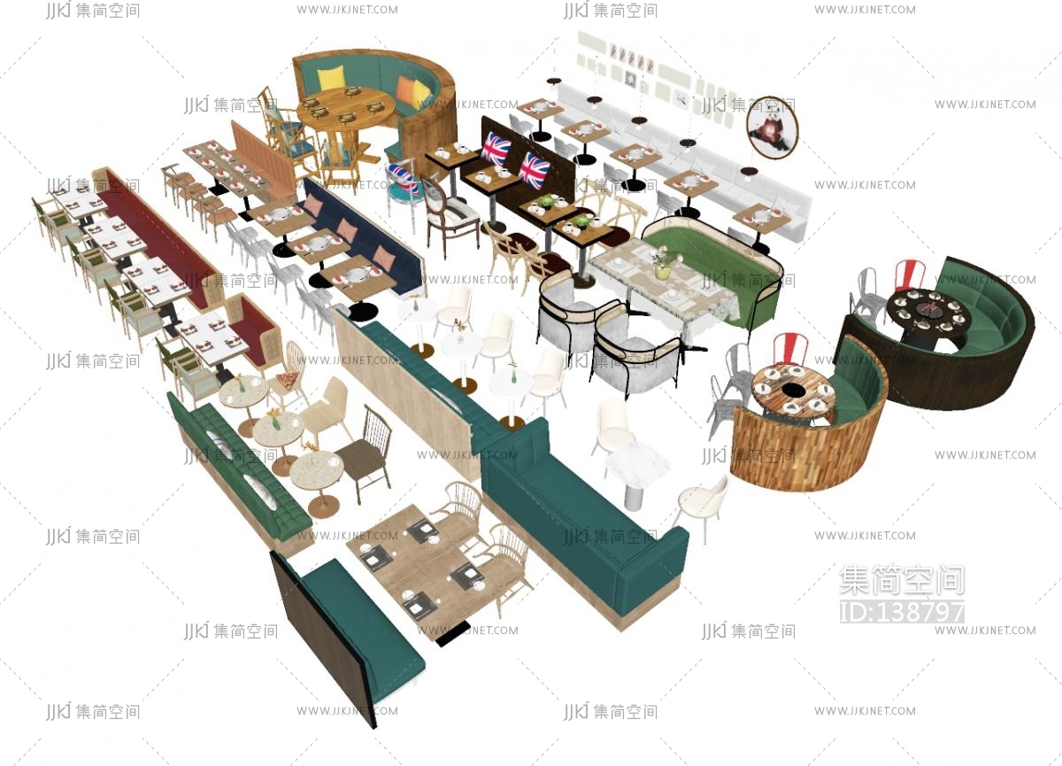 现代卡座沙发,餐厅餐桌椅组合su模型su草图模型下载 【集简空间】「每日更新」