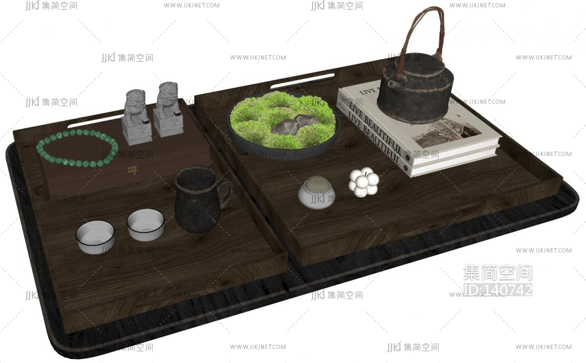 新中式茶具苔藓盆栽摆件组合su模型su草图模型下载 【集简空间】「每日更新」