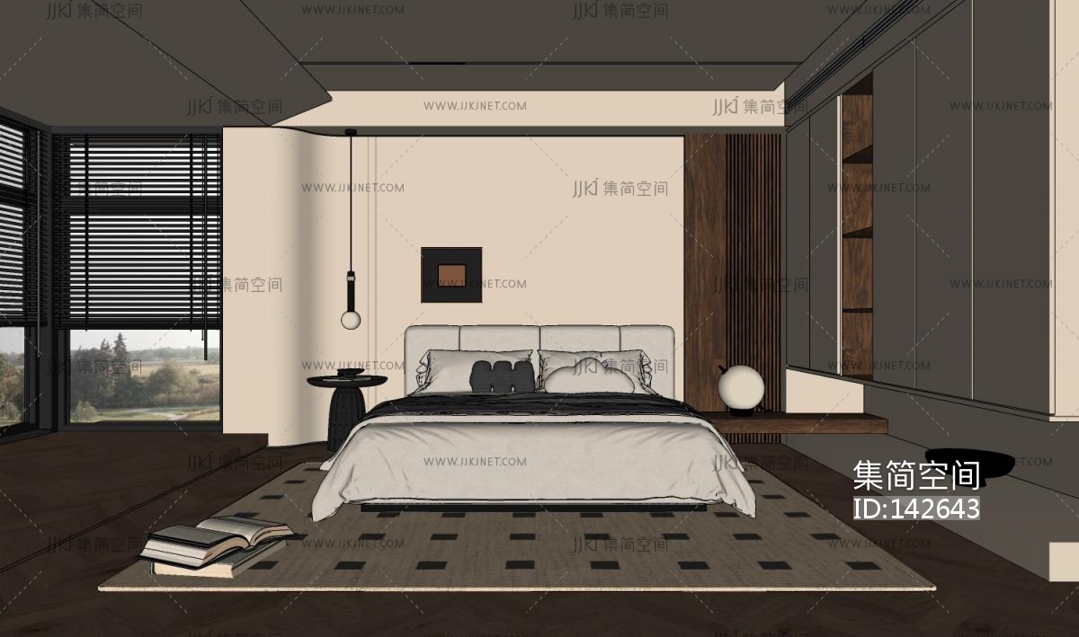 现代中古风卧室su草图模型下载 【集简空间】「每日更新」