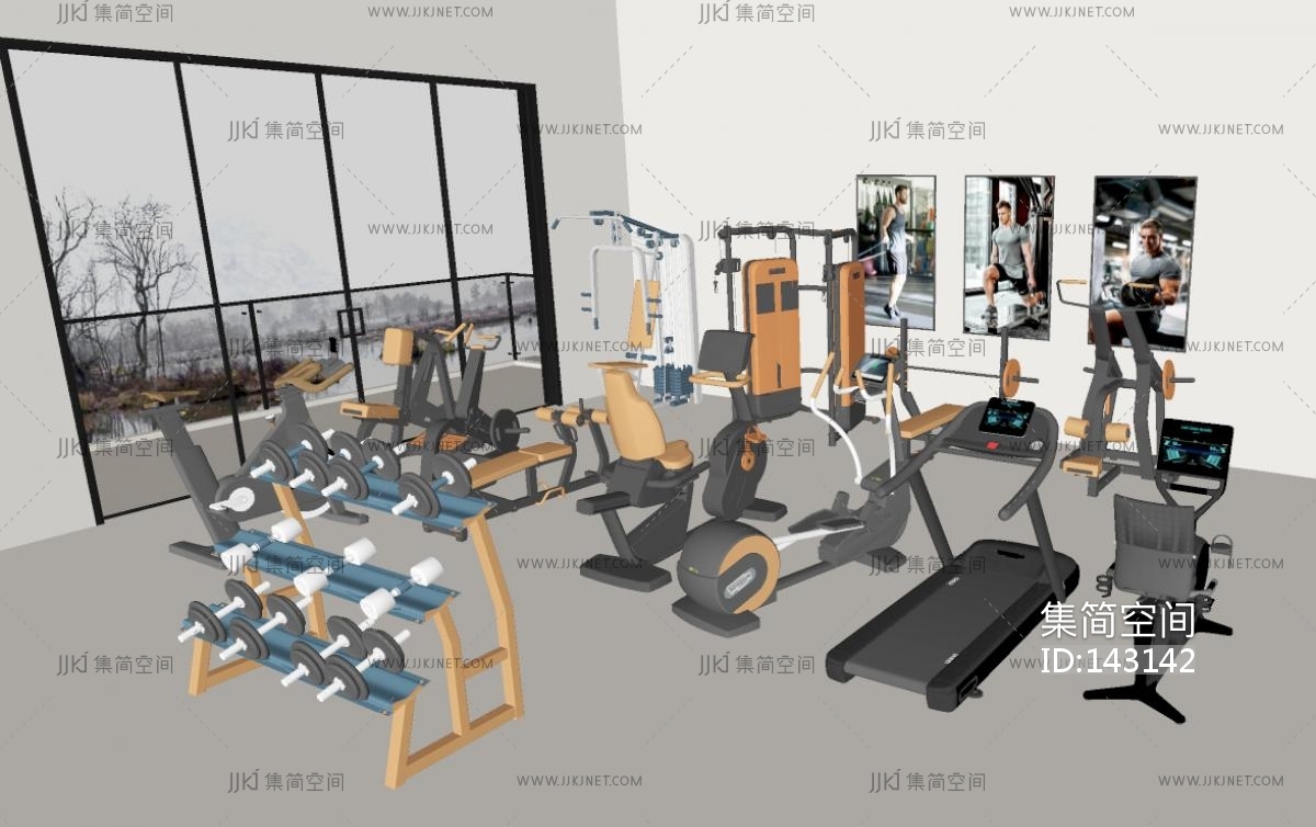 健身器材组合,跑步机,多功能健身器材su模型su草图模型下载 【集简空间】「每日更新」