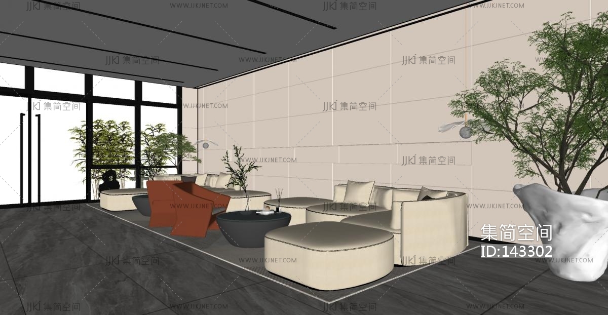 现代公司前台接待沙发休闲大堂su草图模型下载 【集简空间】「每日更新」