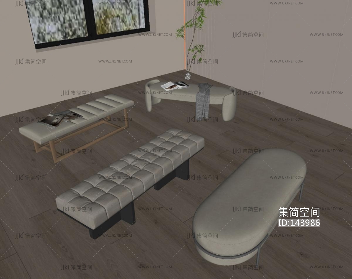现代绒布床尾凳组合su模型su草图模型下载 【集简空间】「每日更新」