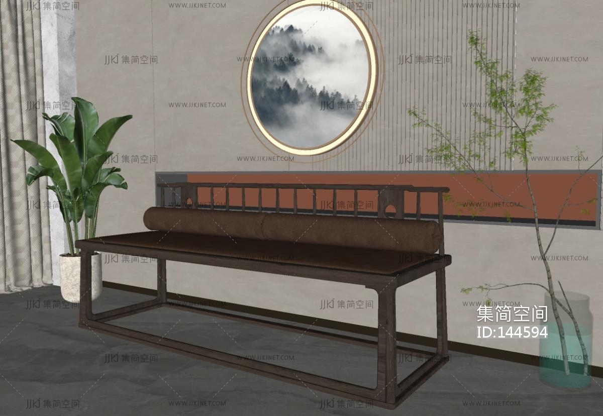 新中式休闲椅,长条凳su模型su草图模型下载 【集简空间】「每日更新」