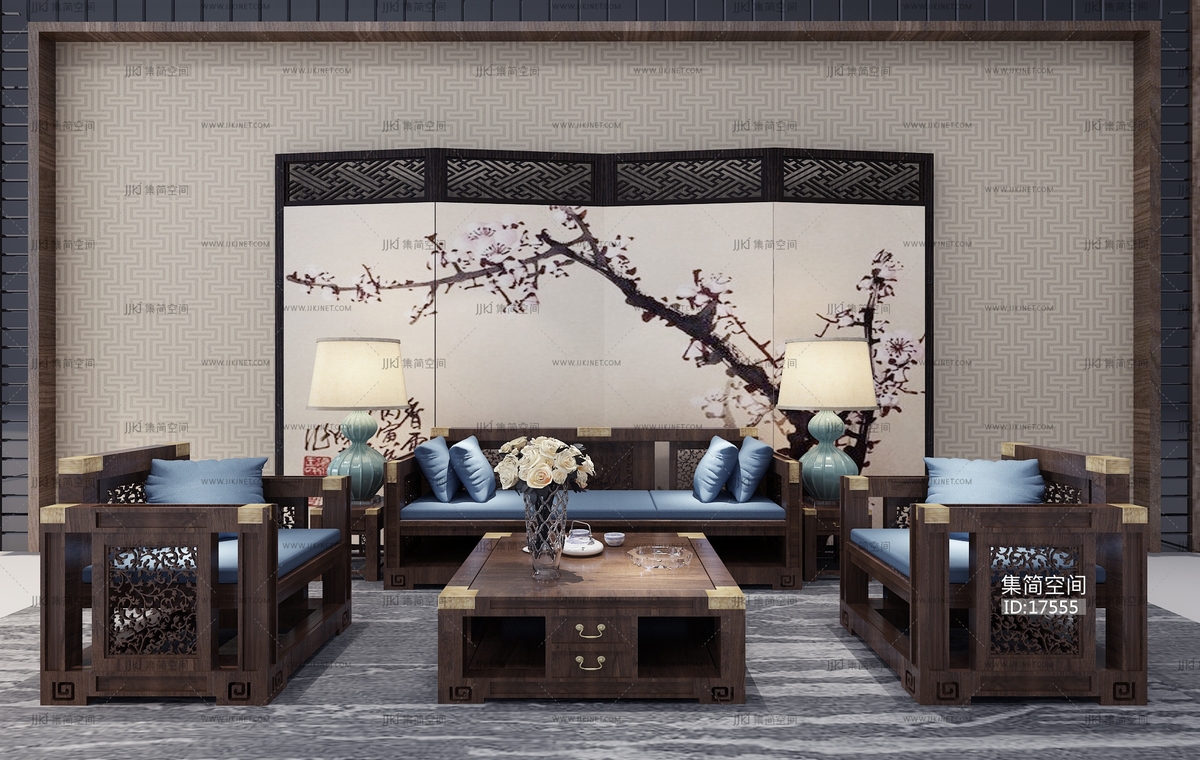 Z18-0102新中式实木沙发茶几组合3d模型下载-【集简空间】「每日更新」