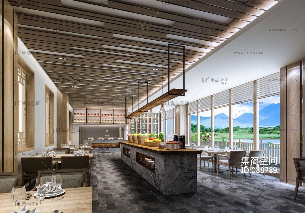 新中式酒店自助餐厅，餐台中餐厅3d模型下载 【集简空间】「每日更新」