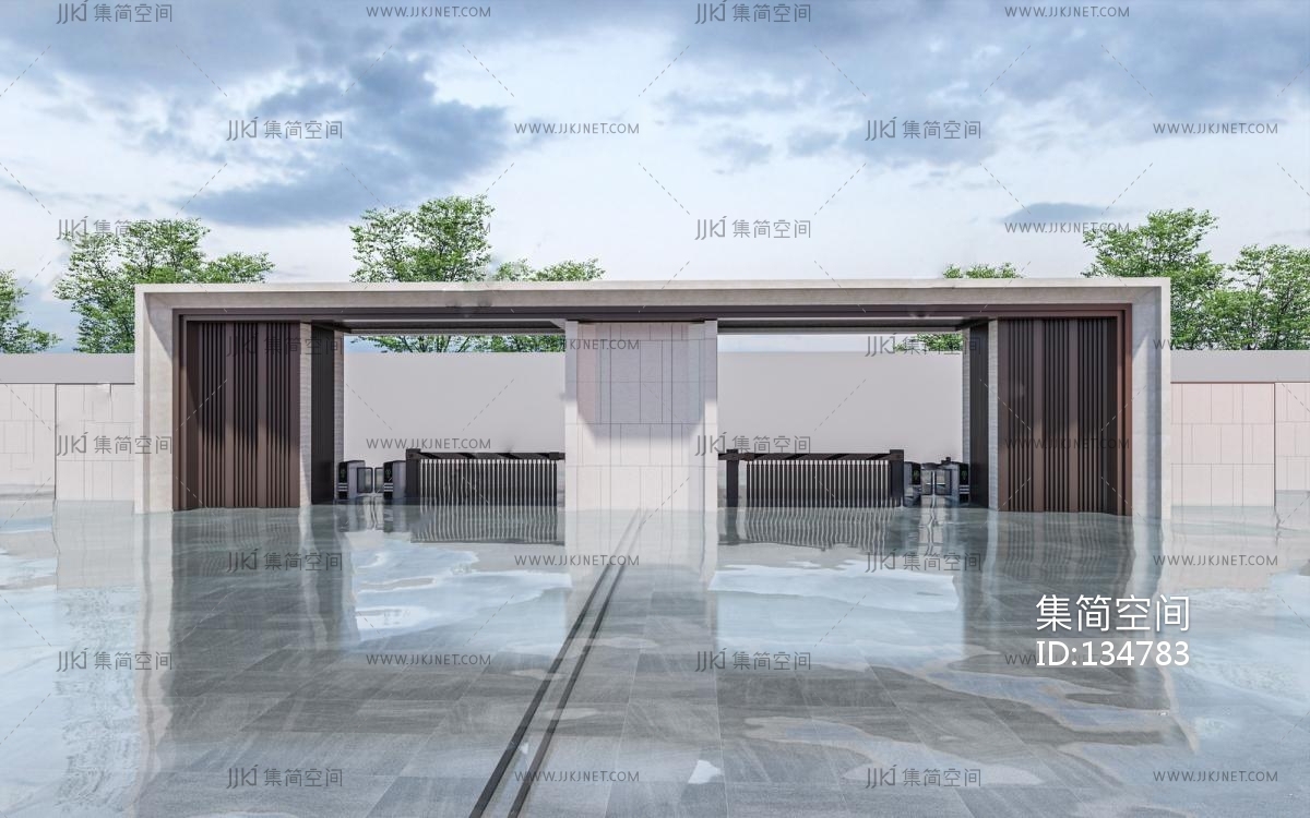 新中式售楼处住宅入口,大门su模型su草图模型下载 【集简空间】「每日更新」