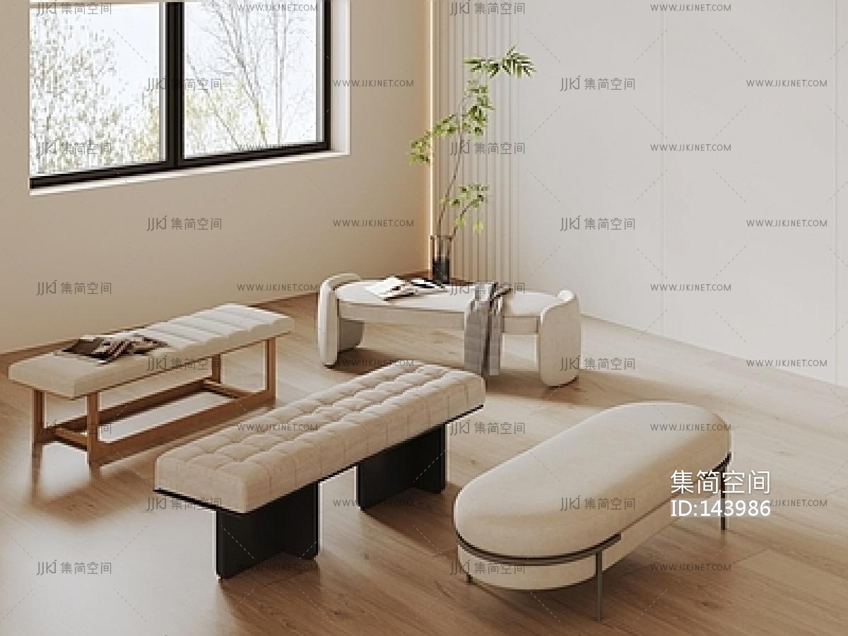 现代绒布床尾凳组合su模型su草图模型下载 【集简空间】「每日更新」