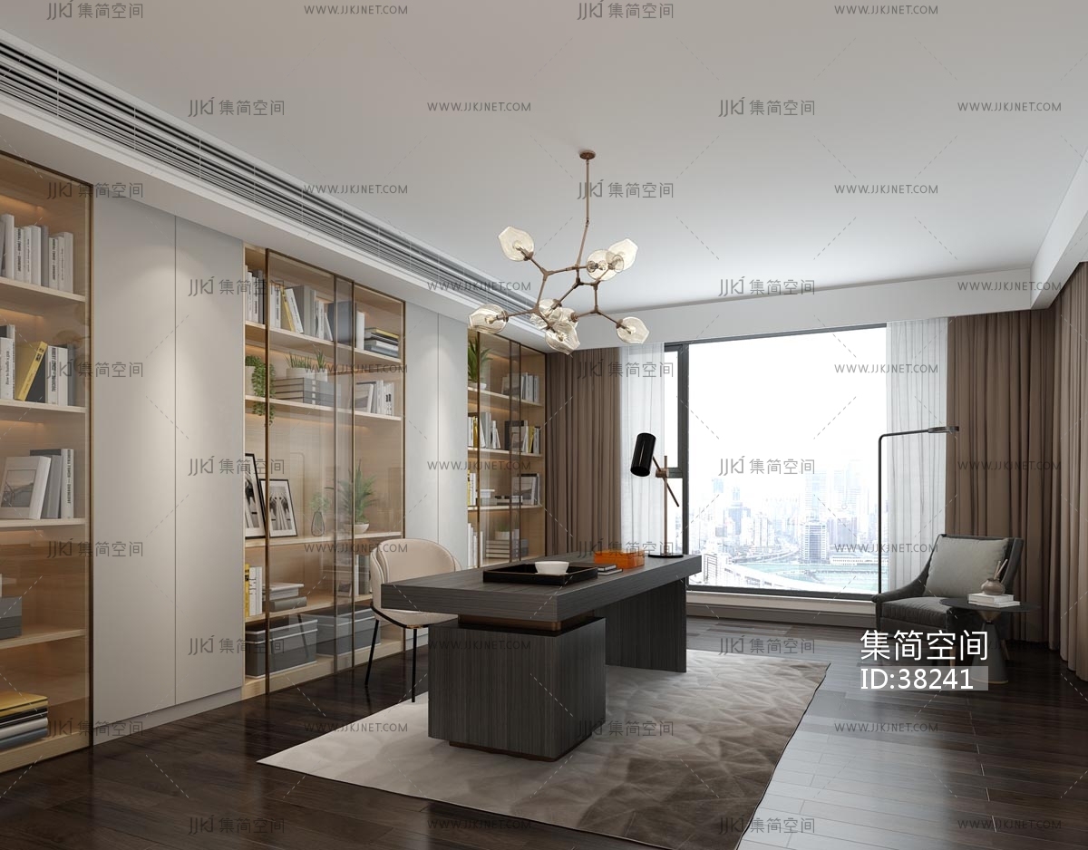 Z18-0402现代轻奢经理办公室书房书柜书架办公桌椅书籍休闲椅3d模型下载-【集简空间】「每日更新」