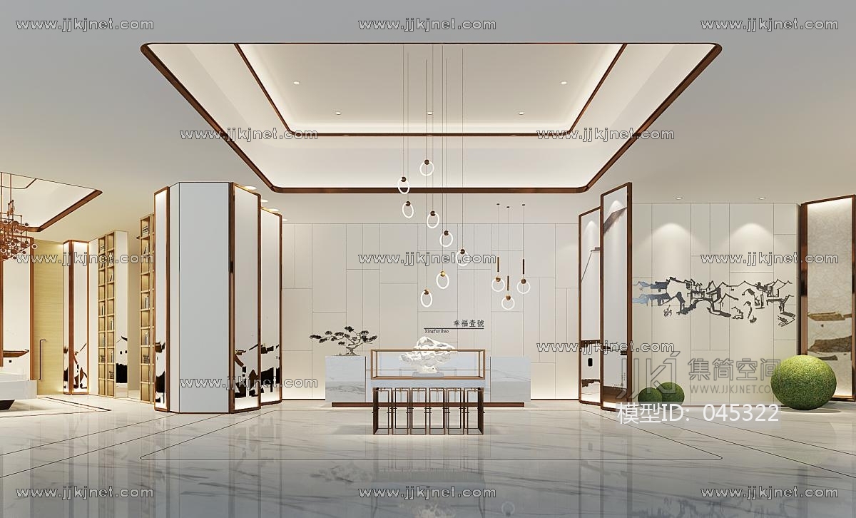 H20 0622新中式酒店售楼处大堂服务台接待台吊灯展台展厅 【集简空间】3d模型su模型贴图草图模型「免费下载每日更新」