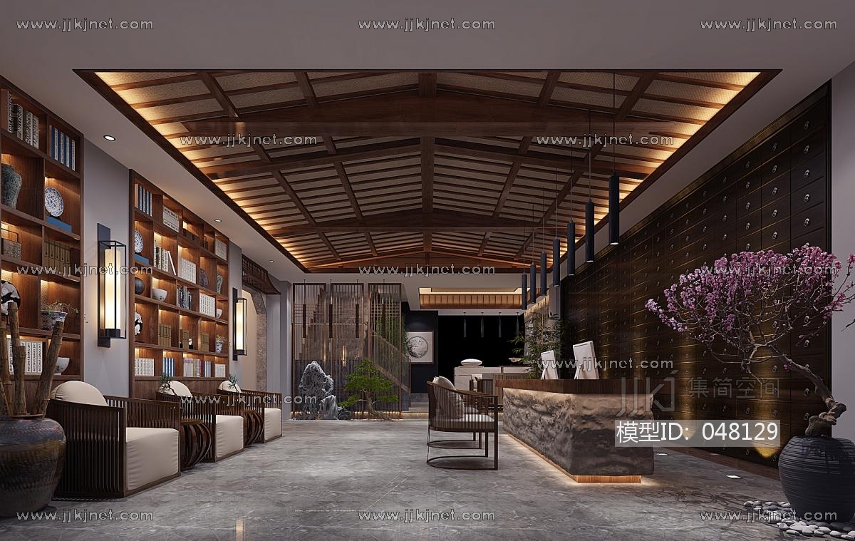 Z13 0617中式会所酒店接待大厅前厅前台接待门厅服务台3d模型下载 【集简空间】「每日更新」