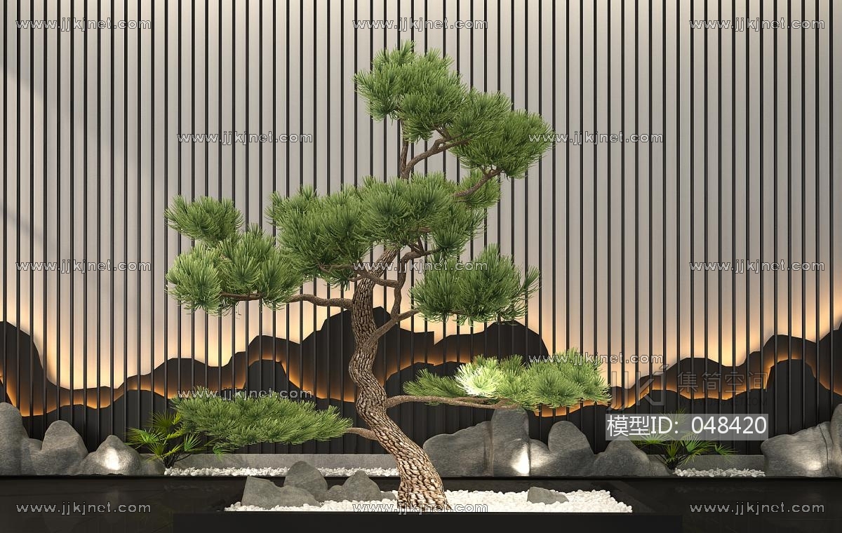 H94 0629中式迎客松盆景中式景观植物石头鹅卵石山形状片墙 【集简空间】3d模型su模型贴图草图模型「免费下载每日更新」