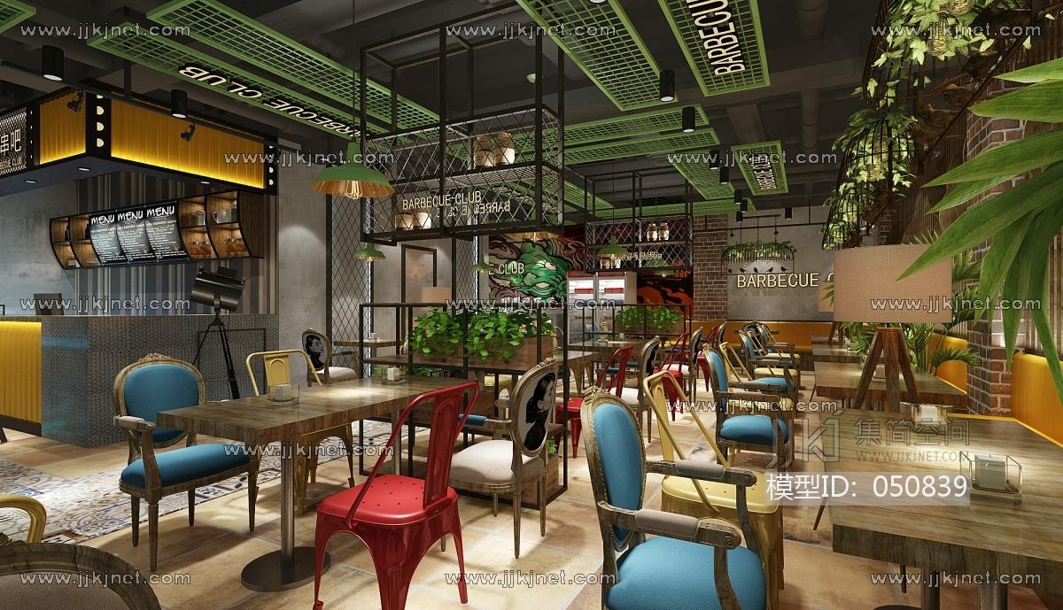Z09 0628工业风混搭餐厅串吧铁艺吊架鸟笼吊装植物 【集简空间】3d模型su模型贴图草图模型「免费下载每日更新」
