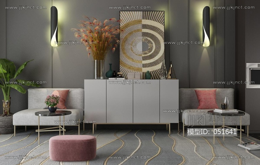 Z03-0703现代装饰柜壁灯休闲沙发坐墩装饰画花瓶边几 3d模型下载 -【集简空间】「每日更新」