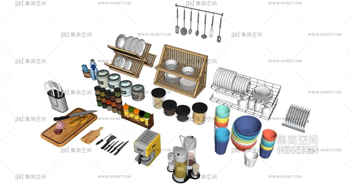 12木质金属餐具架调料菜板厨房用品组合sketchup 【集简空间】3d模型su模型贴图草图模型「免费下载每日更新」