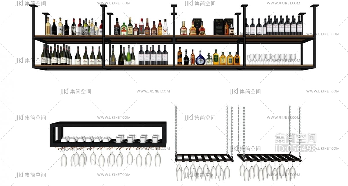 16现代红酒吊架酒杯架组合红酒洋酒酒瓶子高脚杯 【集简空间】3d模型su模型贴图草图模型「免费下载每日更新」