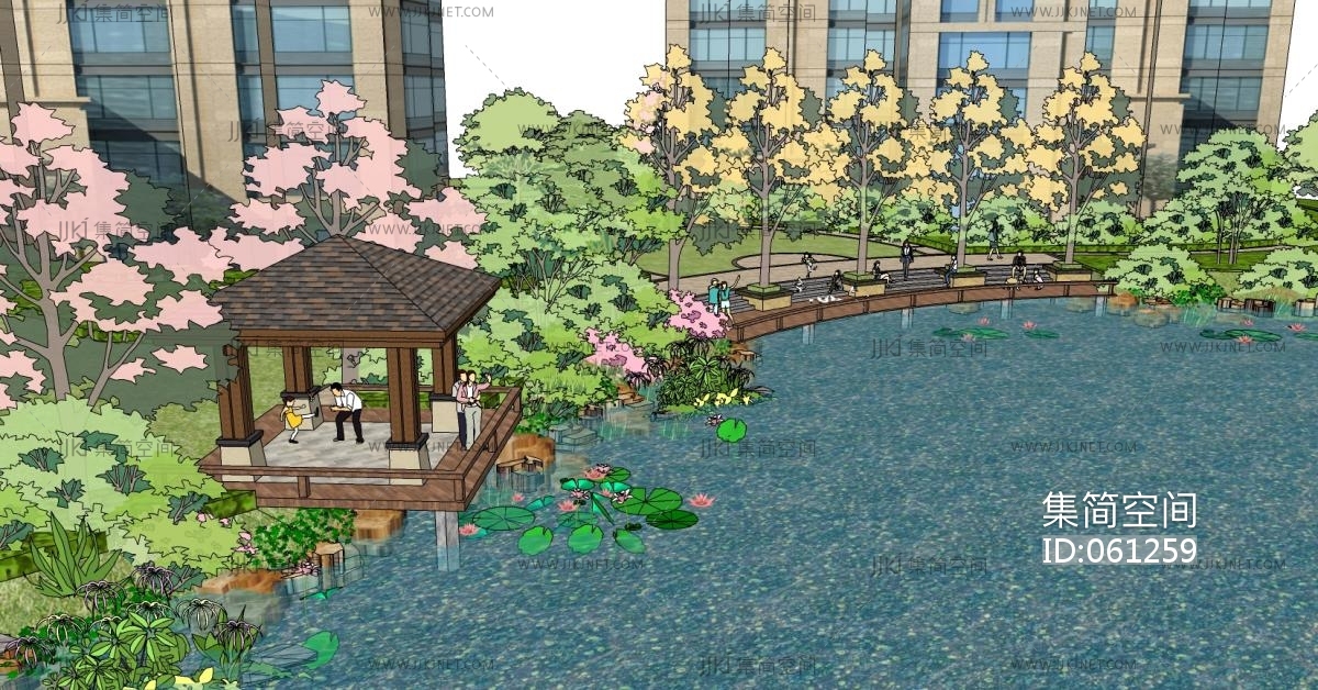 101住宅小区水景水系景观凉亭护栏荷花池树 【集简空间】3d模型su模型贴图草图模型「免费下载每日更新」