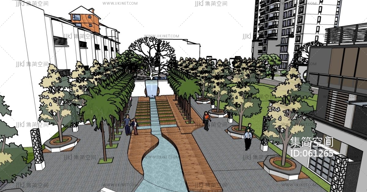 200中式住宅小区景观街道水景观水系植物树 【集简空间】3d模型su模型贴图草图模型「免费下载每日更新」