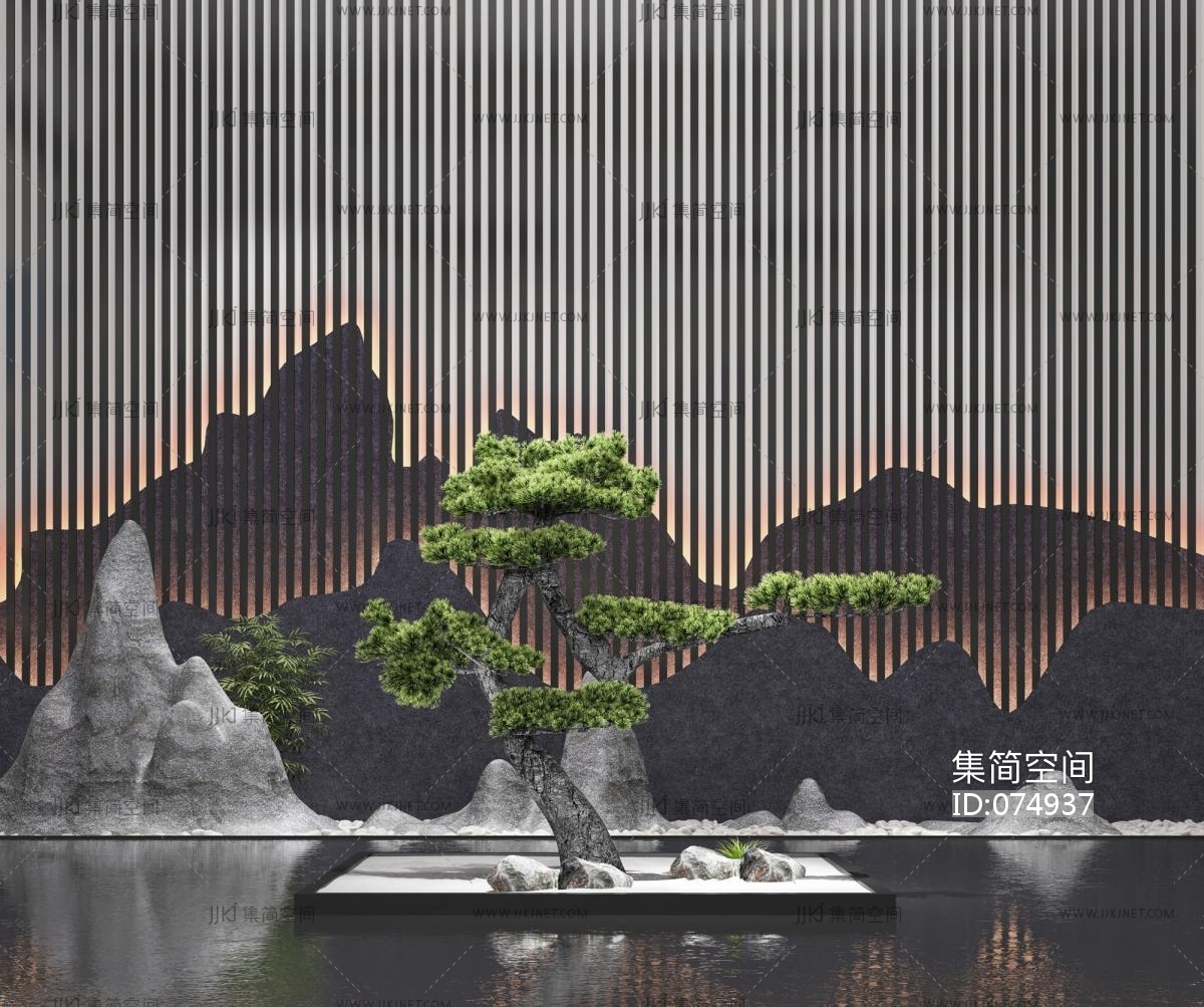 新中式迎客松,石头山脉造型格栅,景观背景墙松树水景 【集简空间】3d模型su模型贴图草图模型「免费下载每日更新」