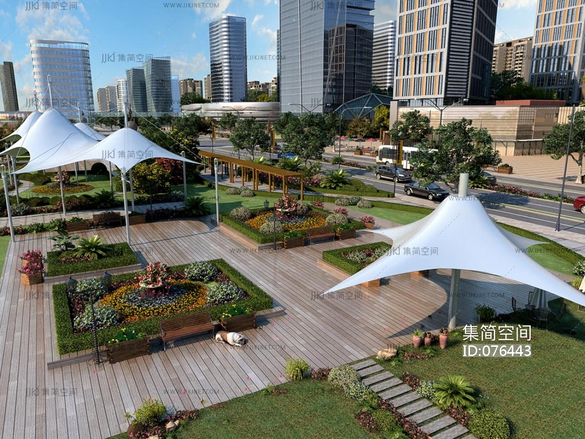 现代公园园林景观张拉膜,遮阳伞花池,花丛 【集简空间】3d模型su模型贴图草图模型「免费下载每日更新」