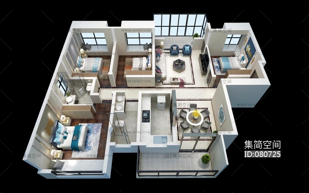 现代家装样板模型俯视全景模型 【集简空间】3d模型su模型贴图草图模型「免费下载每日更新」