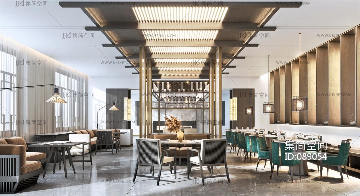 新中式酒店餐厅 大堂吧,餐桌椅 【集简空间】3d模型su模型贴图草图模型「免费下载每日更新」