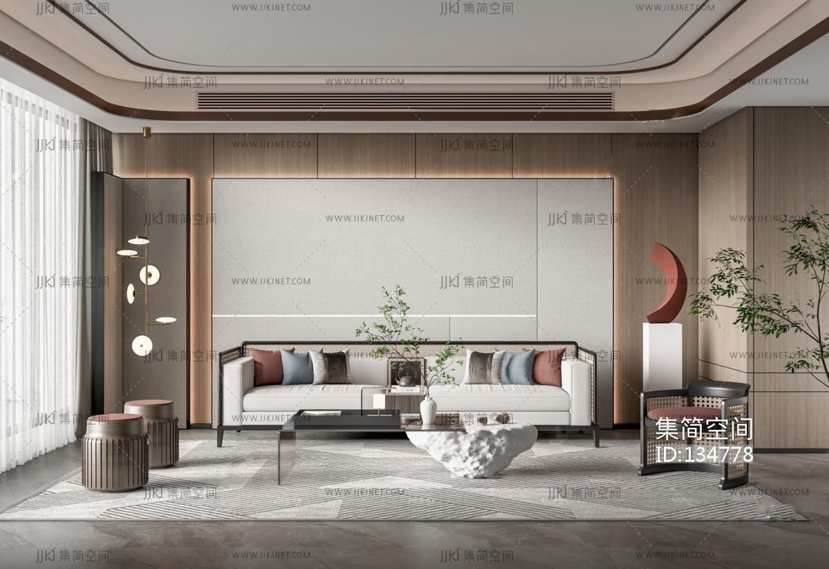 新中式客厅su模型su草图模型下载-【集简空间】「每日更新」